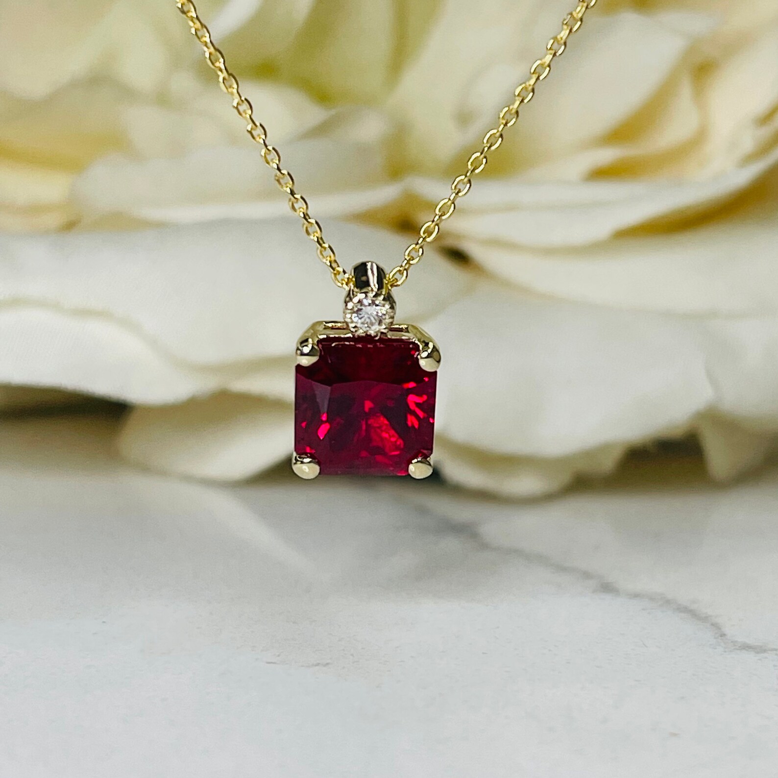 Radiant Cut Ruby and Diamond Pendant Necklace 14k Yellow Gold - Etsy