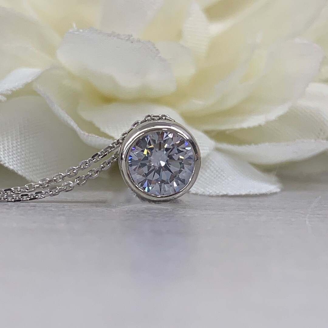 Moissanite Pendant Necklace Bezel Set 14K Solid White Gold for Women ...