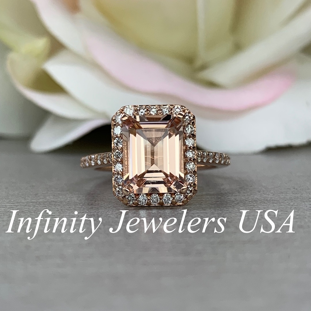Morganite Halo Engagement Ring, Emerald Cut Morganite in Rose Gold With ...