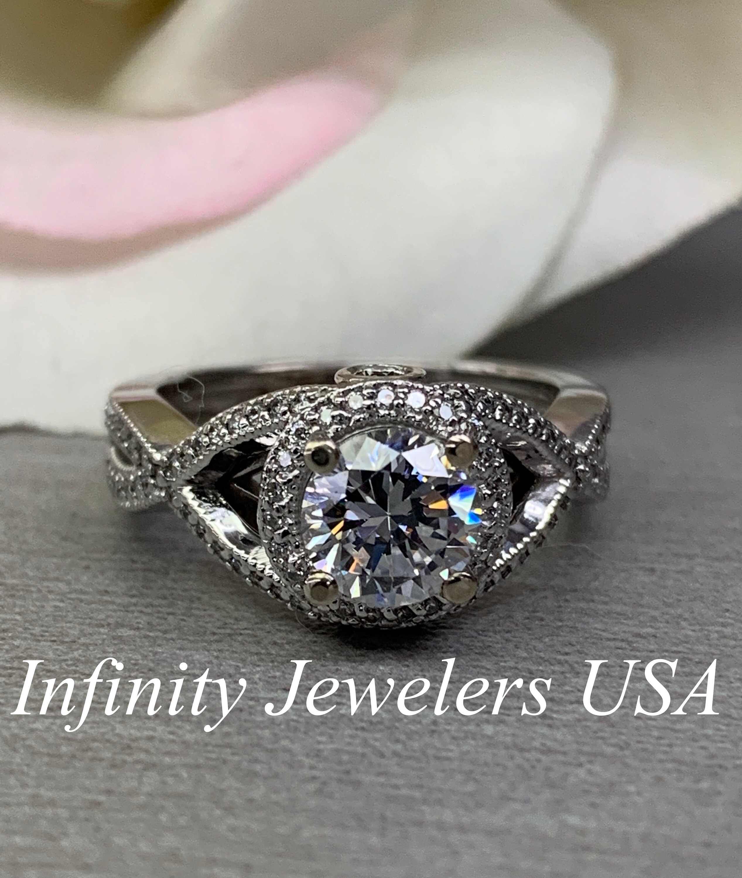 Round Cut Moissanite Engagement Ring 14K White Gold Infinity | Etsy