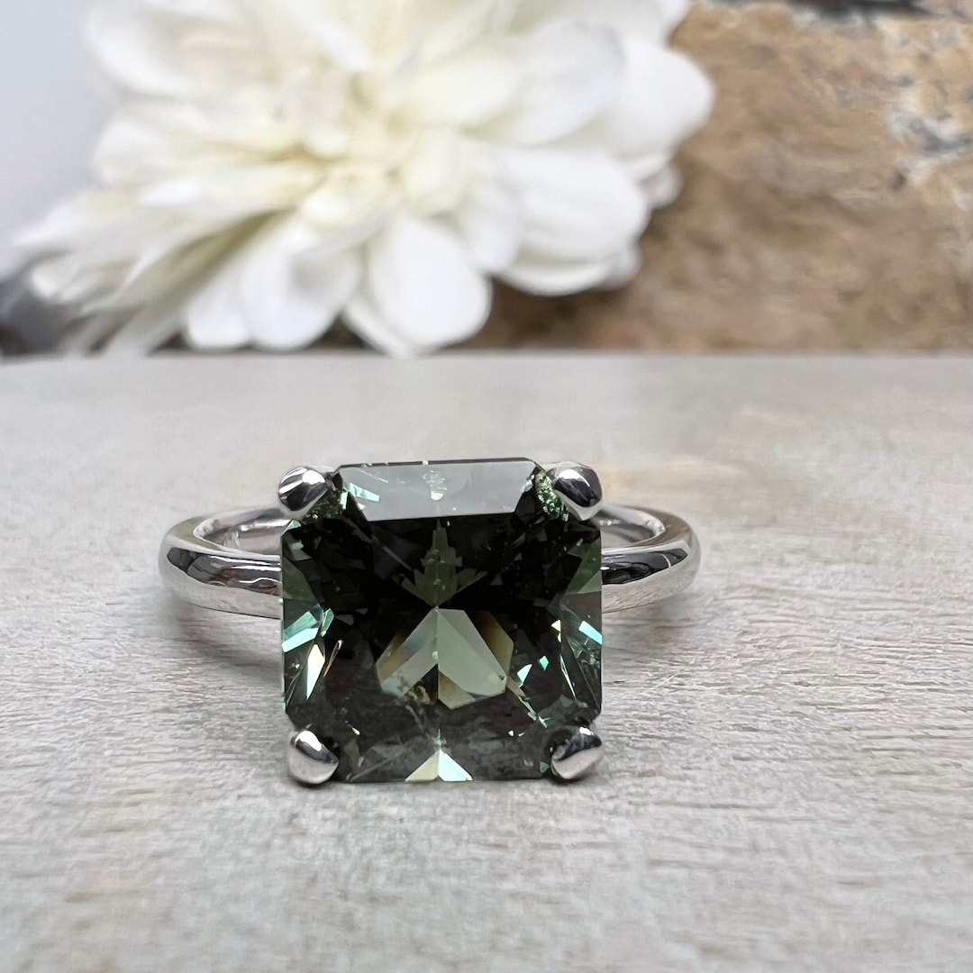 Olive Green Sapphire Engagement Ring 14k White Gold Radiant Cut Olive ...