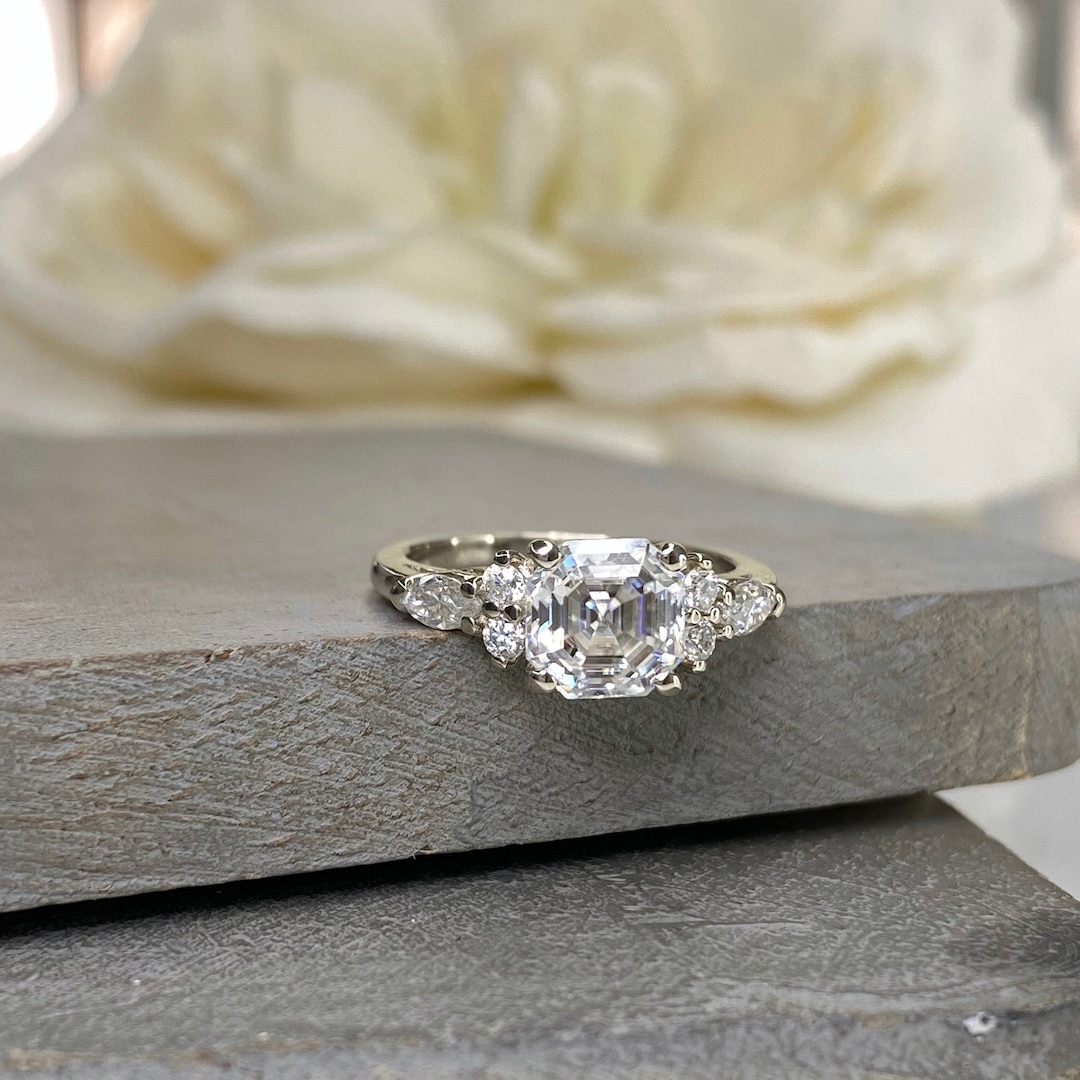 Asscher Cut Moissanite Engagement Ring 14k Solid White Gold, Asscher ...