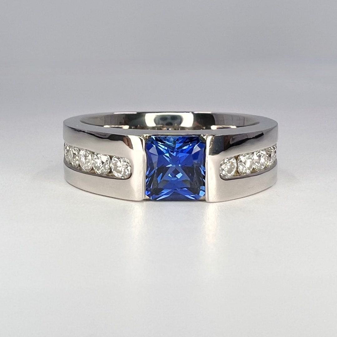 Mens Blue Sapphire Diamond Wedding Band 14K White Gold, Mens Diamond ...