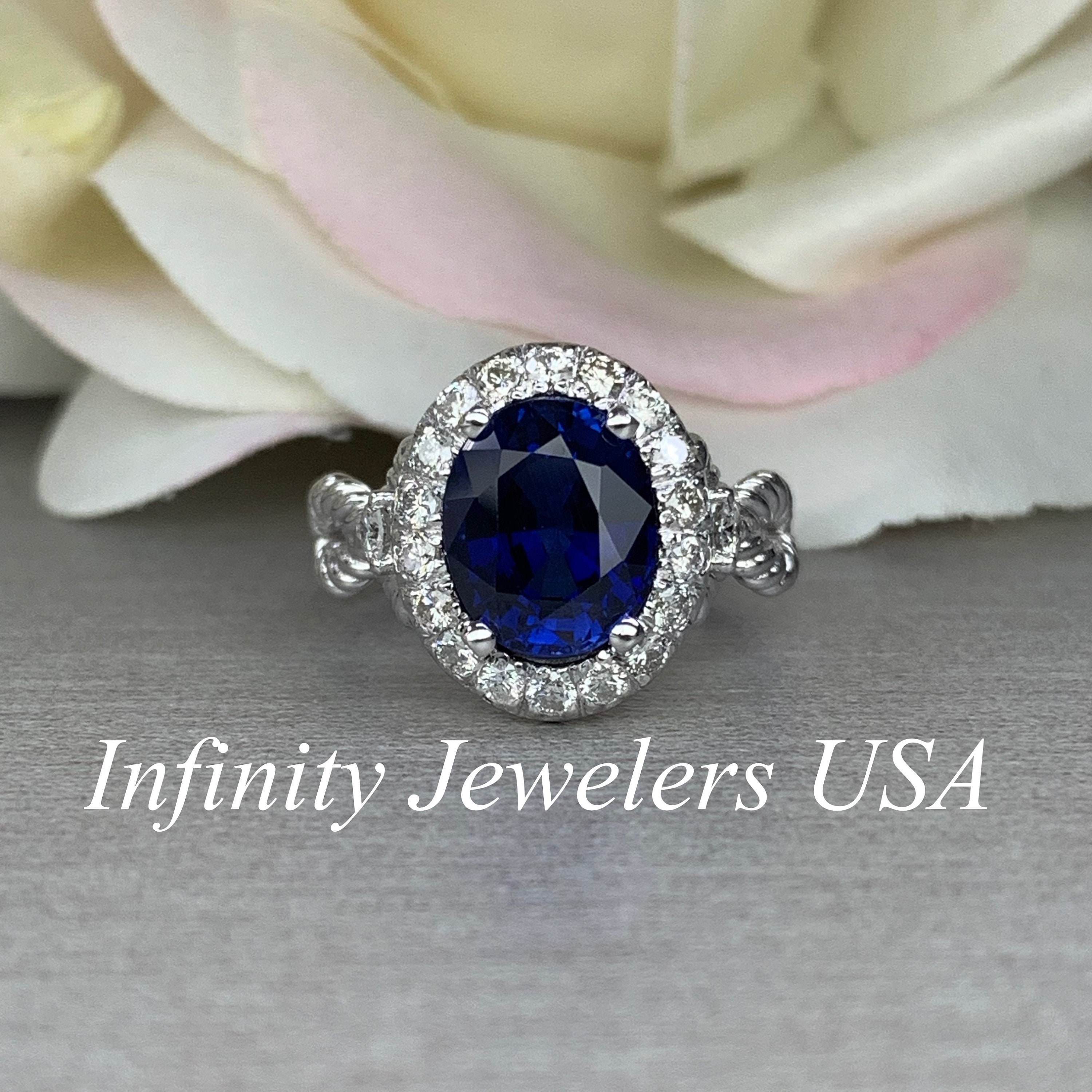 Oval Engagement Ring / Blue Sapphire Ring / Diamond Halo Ring | Etsy