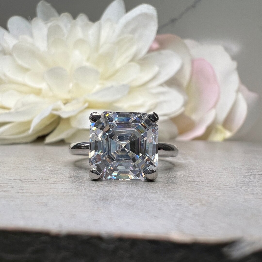 Asscher Cut Moissanite Solitaire Engagement Ring, Large Solitaire ...