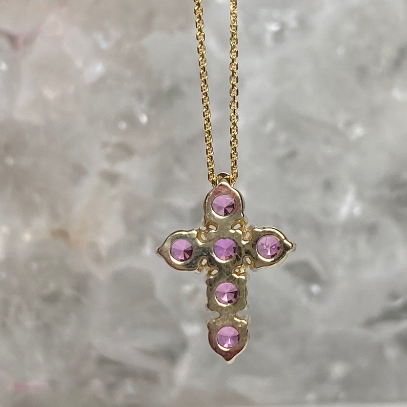 Cross Necklace, Pink Sapphire Small Cross Pendant Necklace, Dainty ...