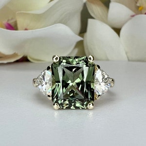 Radiant Cut Olive Green Sapphire Engagement Ring With Trillion ...