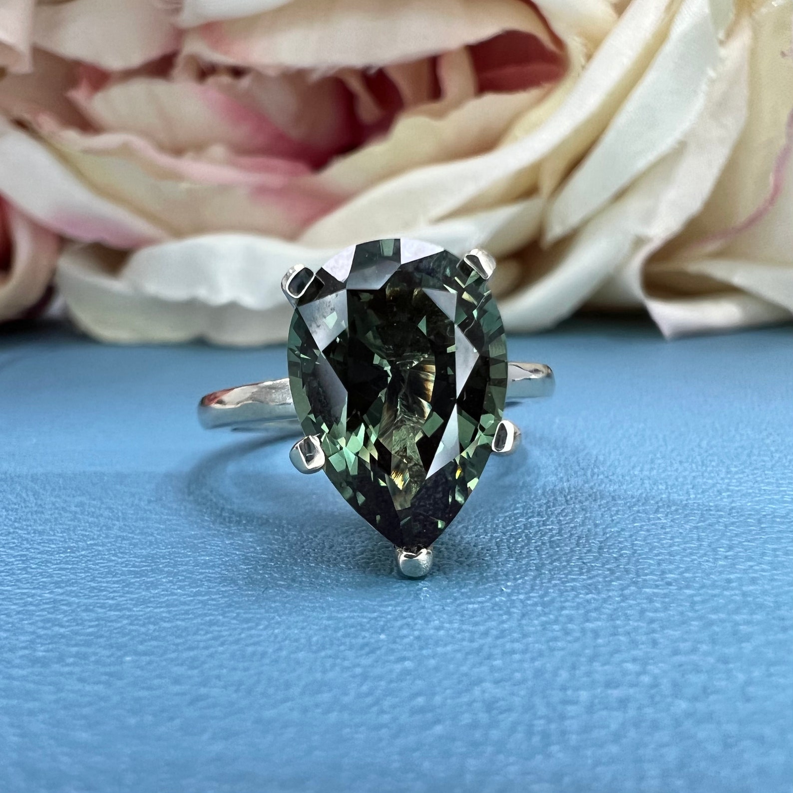 Pear Shaped Green Sapphire Engagement Ring 14k White Gold - Etsy