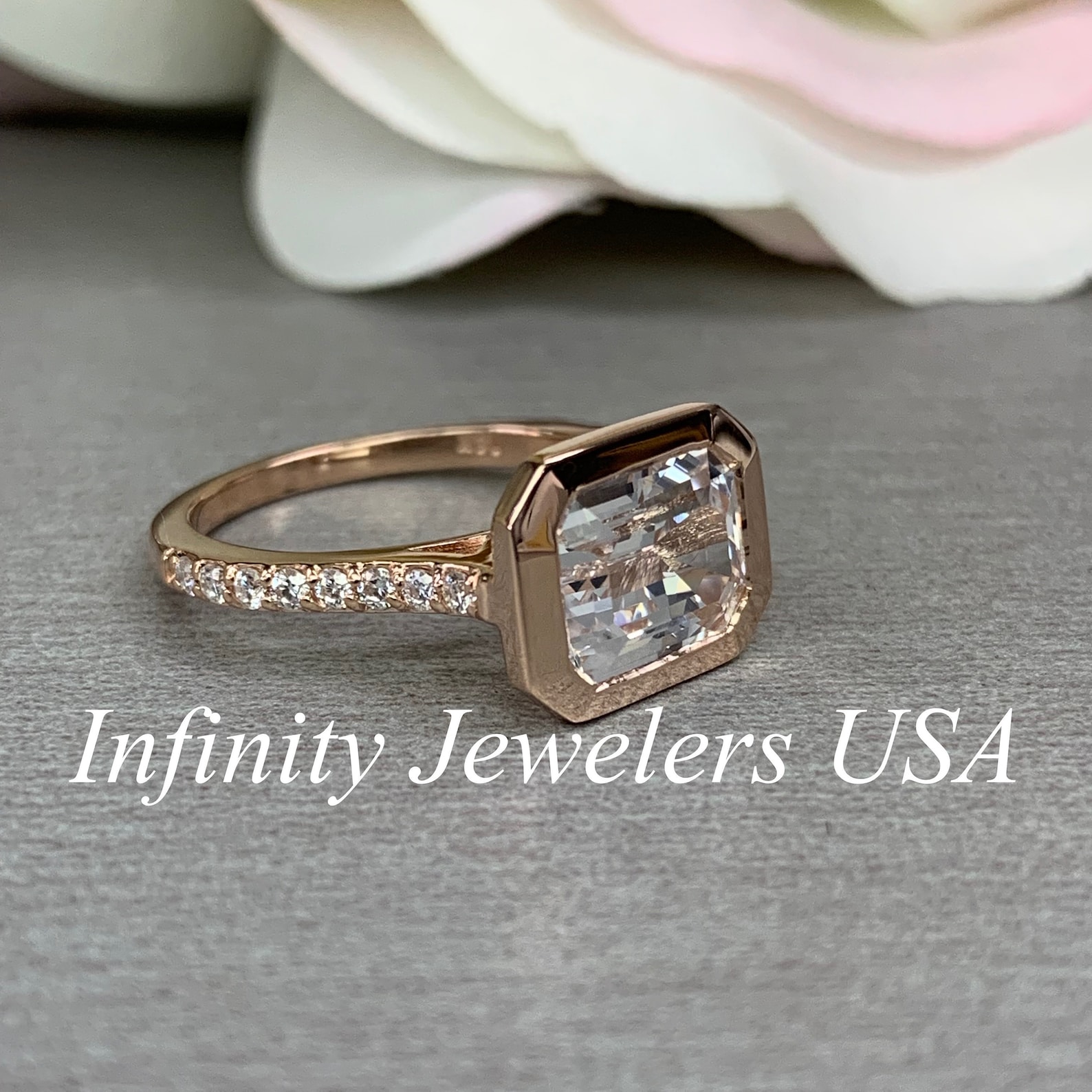 Bezel Set Emerald Cut Engagement Ring 14k Rose Gold Emerald - Etsy