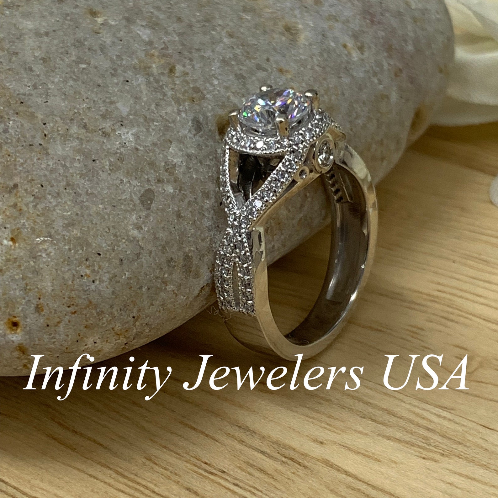Round Cut Moissanite Engagement Ring 14K White Gold Infinity - Etsy