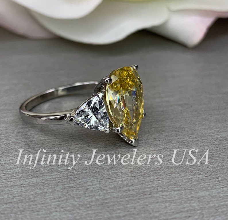 4 CT Canary Yellow Pear Engagement Ring Three Stone 14k | Etsy
