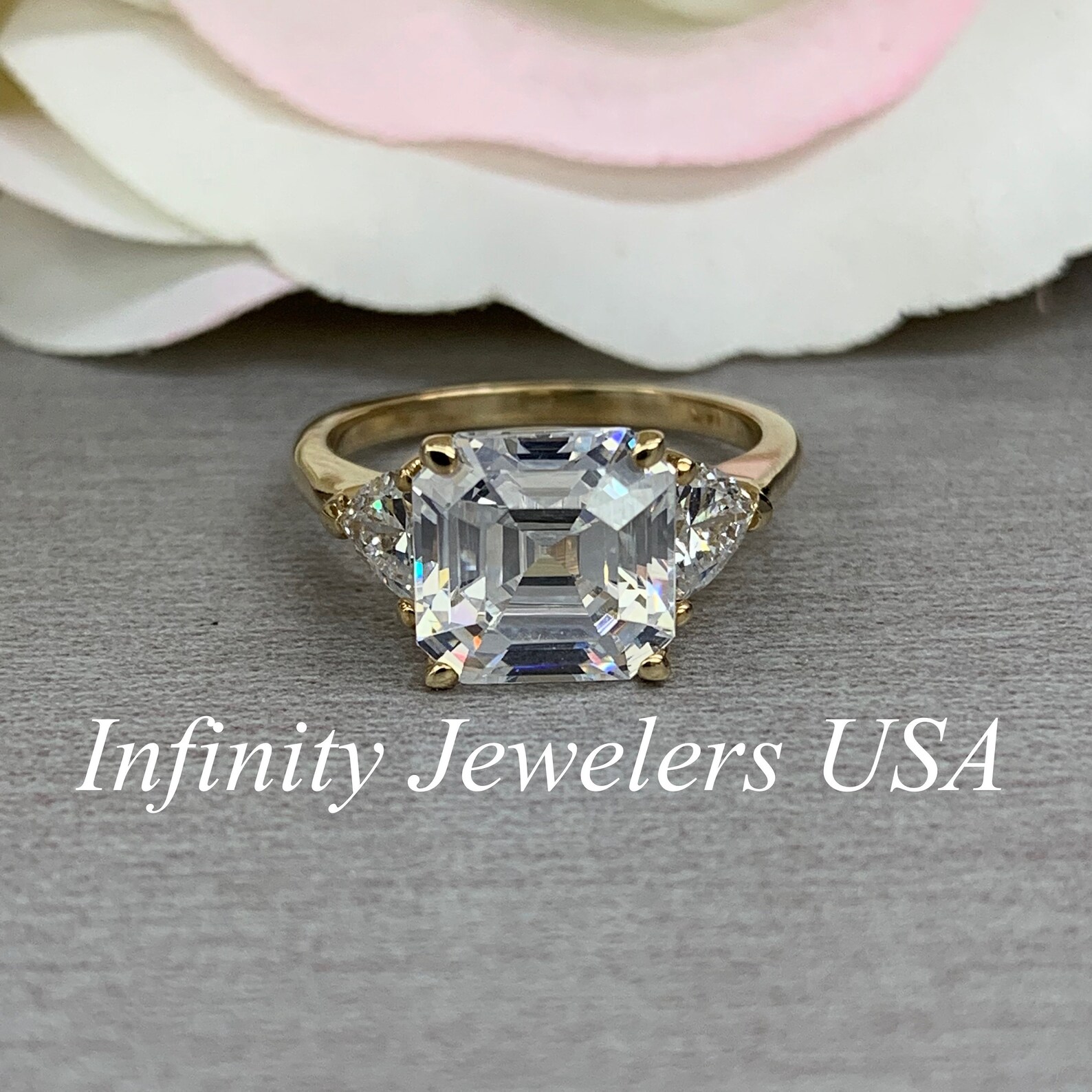 Asscher Cut Moissanite Engagement Rings , Solid White Gold Modern ...