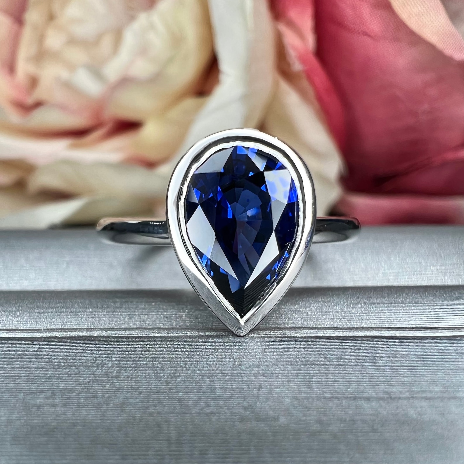 Pear Shape Blue Sapphire Ladies Ring, Bezel Set in 14k White Gold #5860 ...