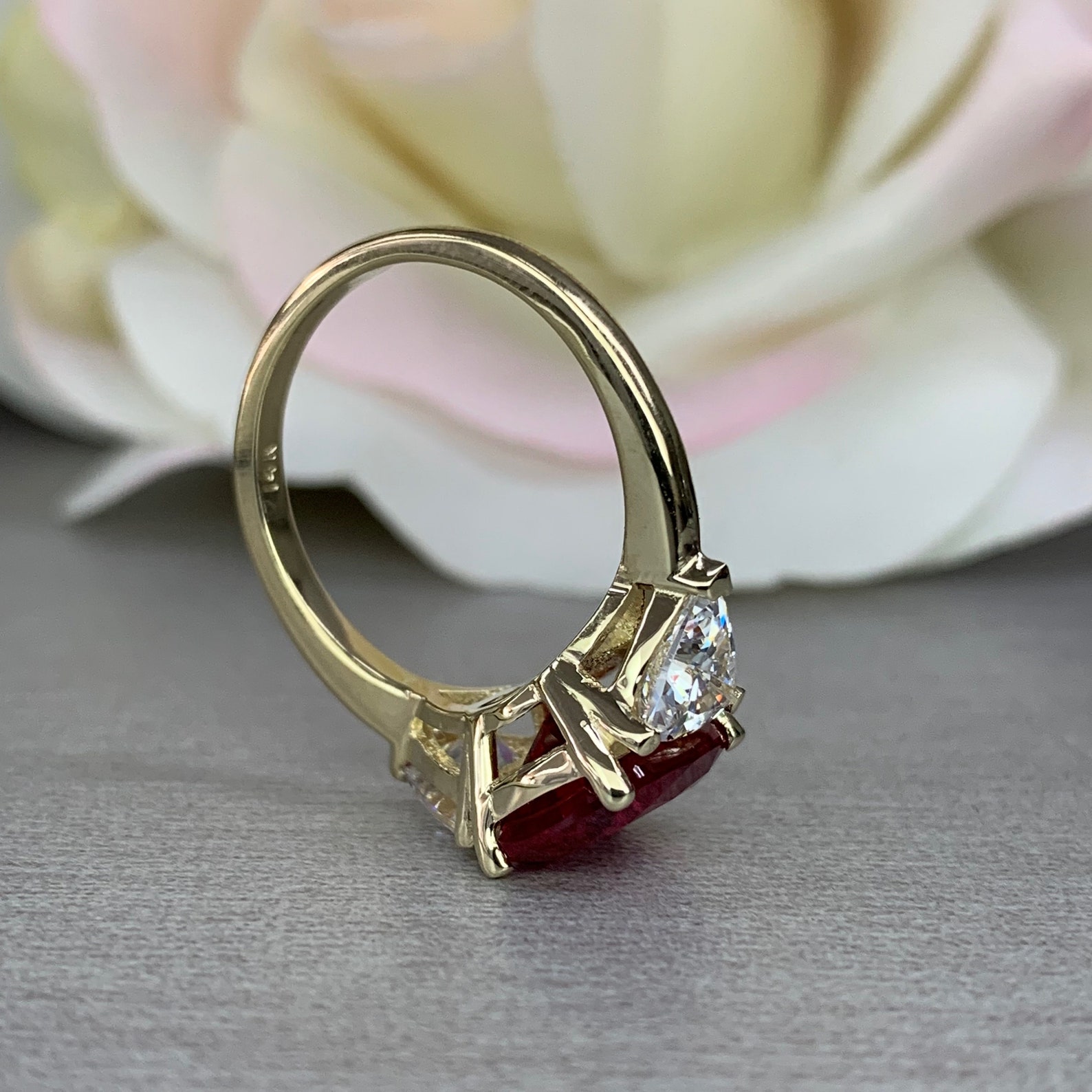 Ruby Cushion Cut and Moissanite Engagement Ring Three Stone | Etsy