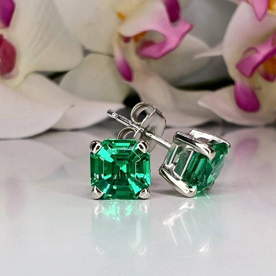 May Birthstone Earrings, Ladies Earrings, Asscher Emerald Studs, 14k ...