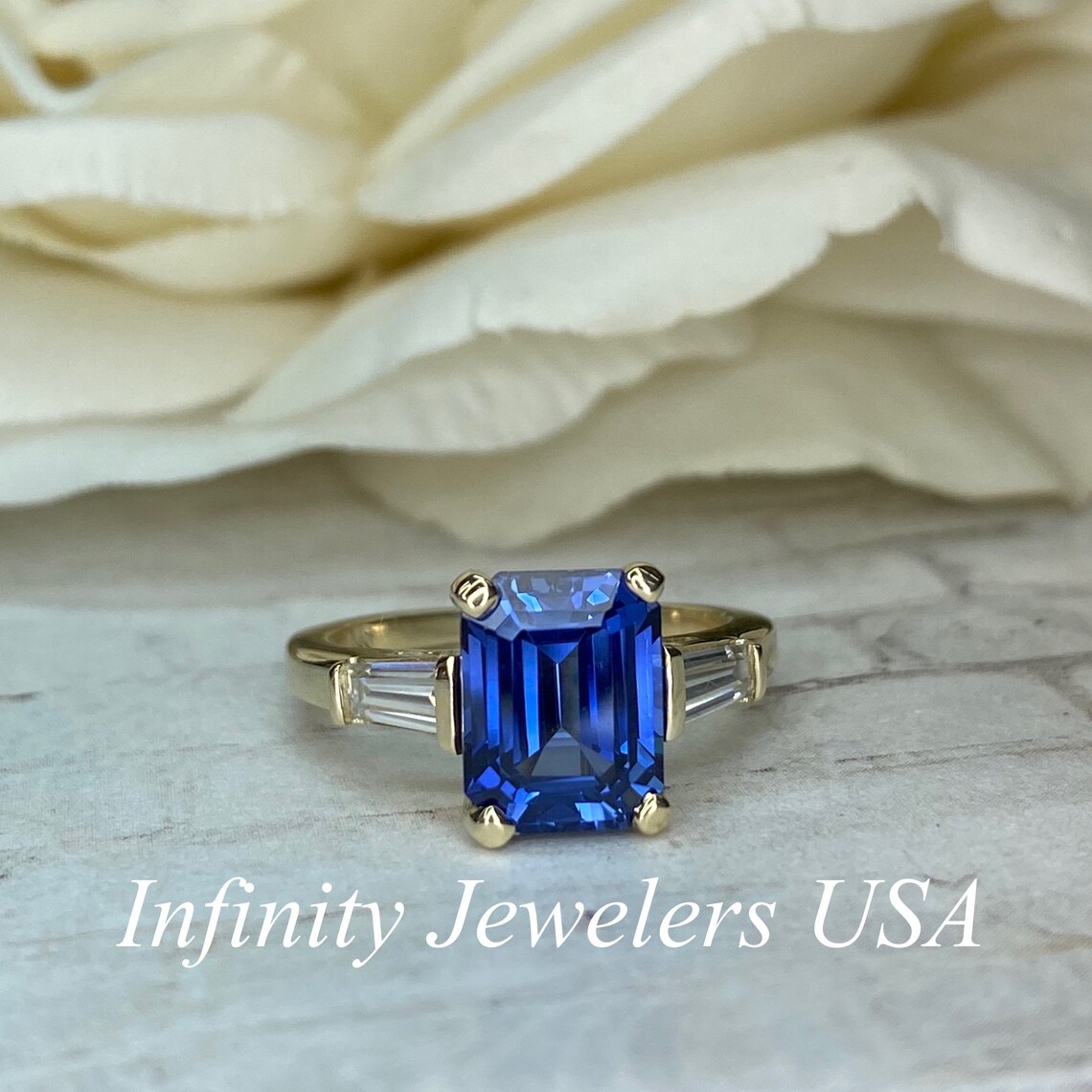 Emerald Cut Blue Sapphire Engagement Ring With Baguette - Etsy