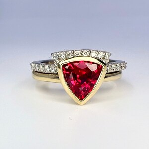 Bezel Set Trillion Cut Ruby Engagement Ring Set | Unique Triangle Cut Bridal Ring Set | July ...