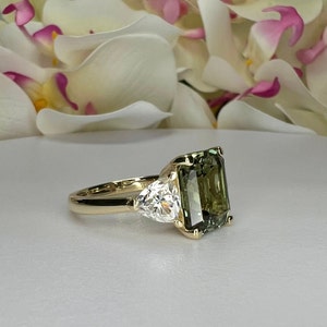 Radiant Cut Olive Green Sapphire Engagement Ring 14K Solid Gold, Three ...