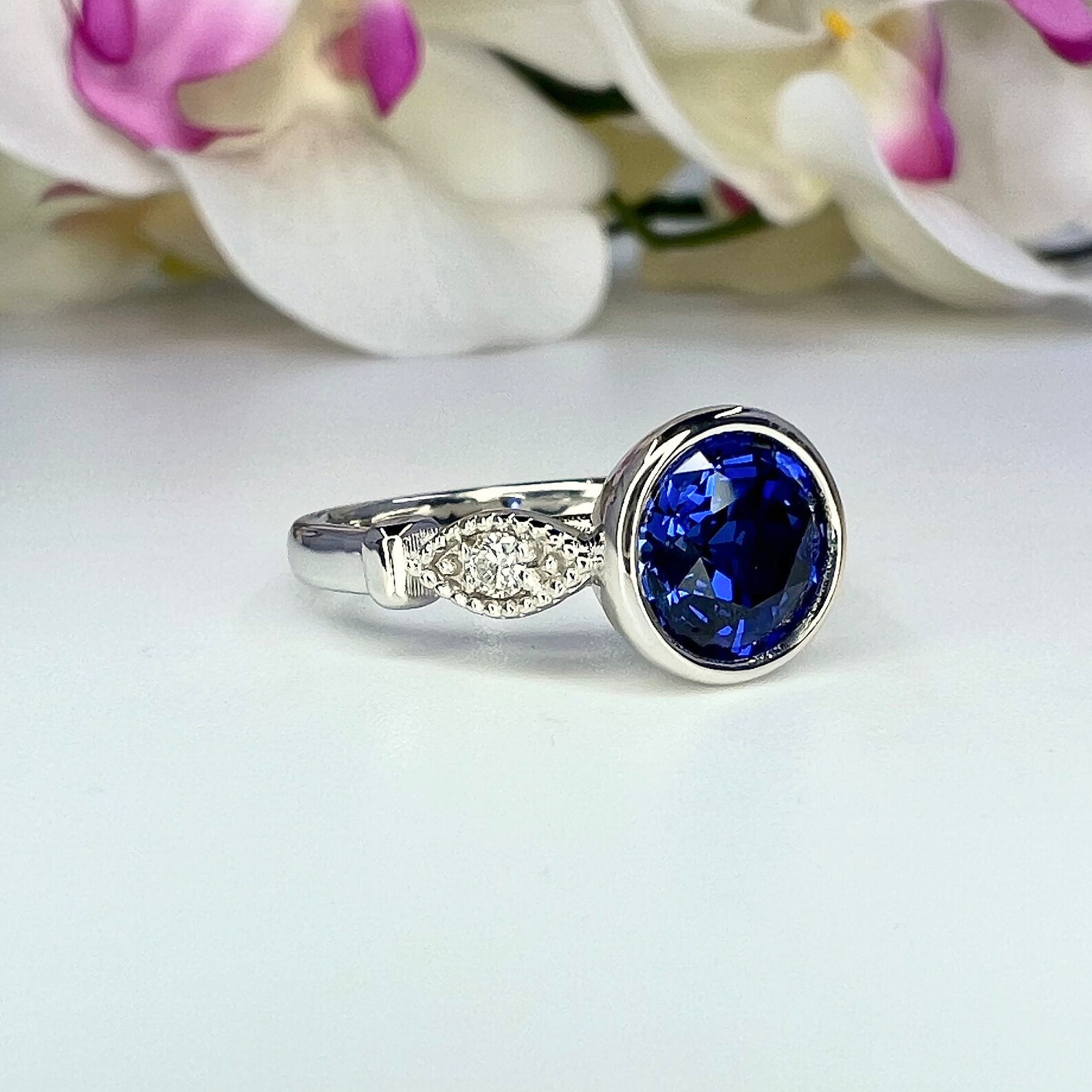 Round Blue Sapphire Engagement Ring, Round Bezel Set Ring, Ladies Ring ...
