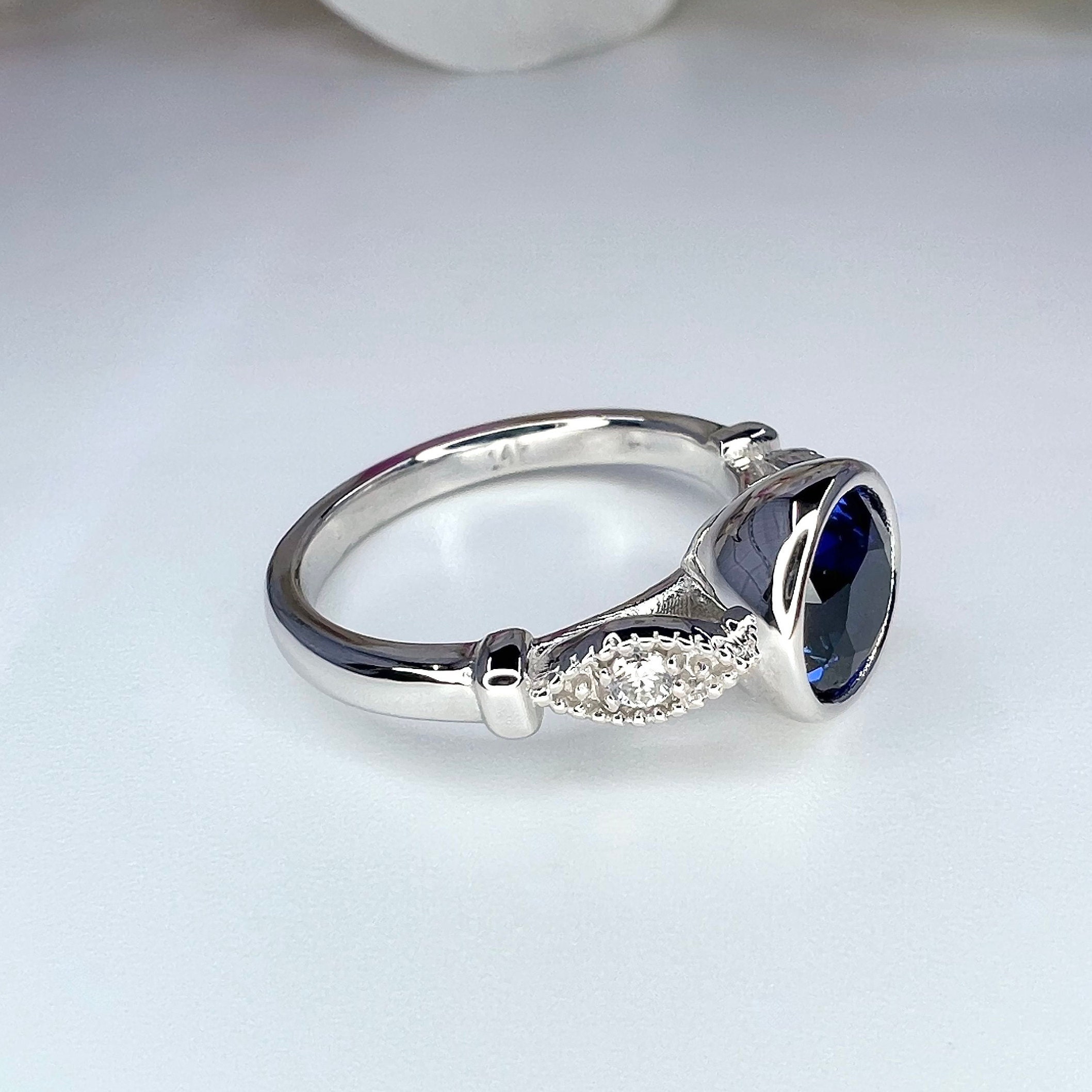 Round Blue Sapphire Engagement Ring, Round Bezel Set Ring, Ladies Ring ...