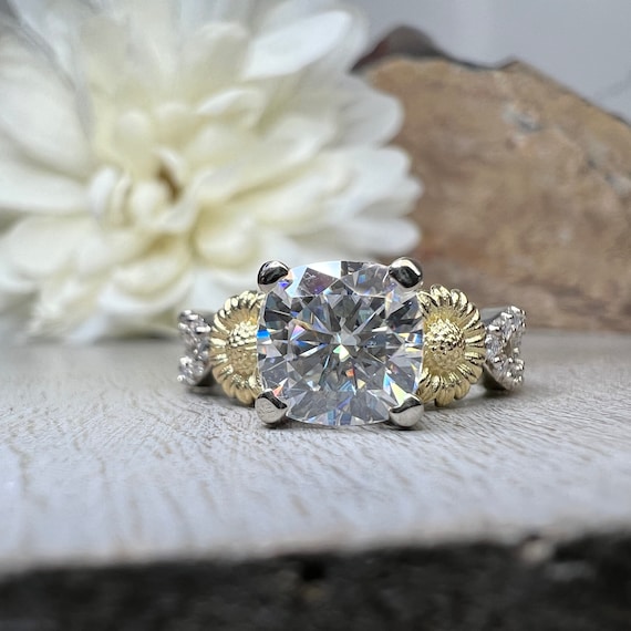 Sunflower Ring Moissanite Engagement Ring White and Yellow Gold Cushion Cut Moissanite Engagement Ring Unique Sunflower Promise Ring 7337 Etsy