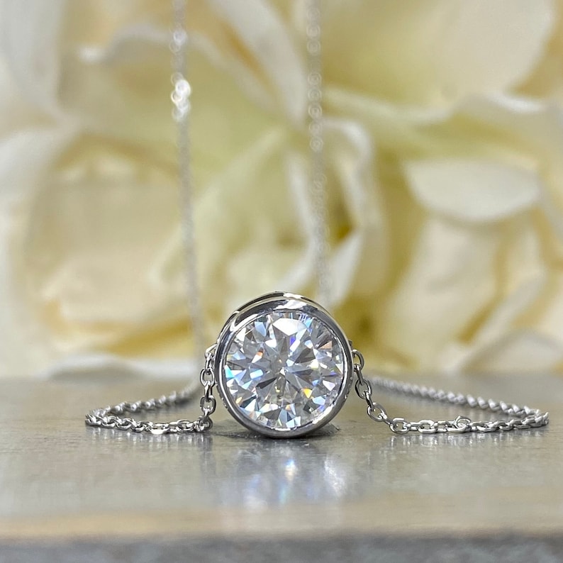 Round Moissanite Pendant Necklace 14k Gold, Simple Round Cut Necklace ...