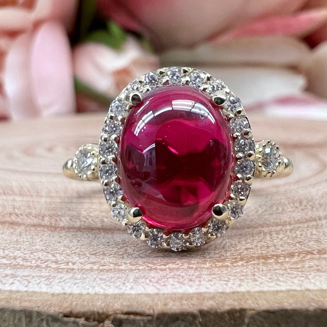 Vintage Oval Cabochon Ruby Engagement Ring 14K Solid Yellow Gold Unique Vintage Ruby Cabochon ...
