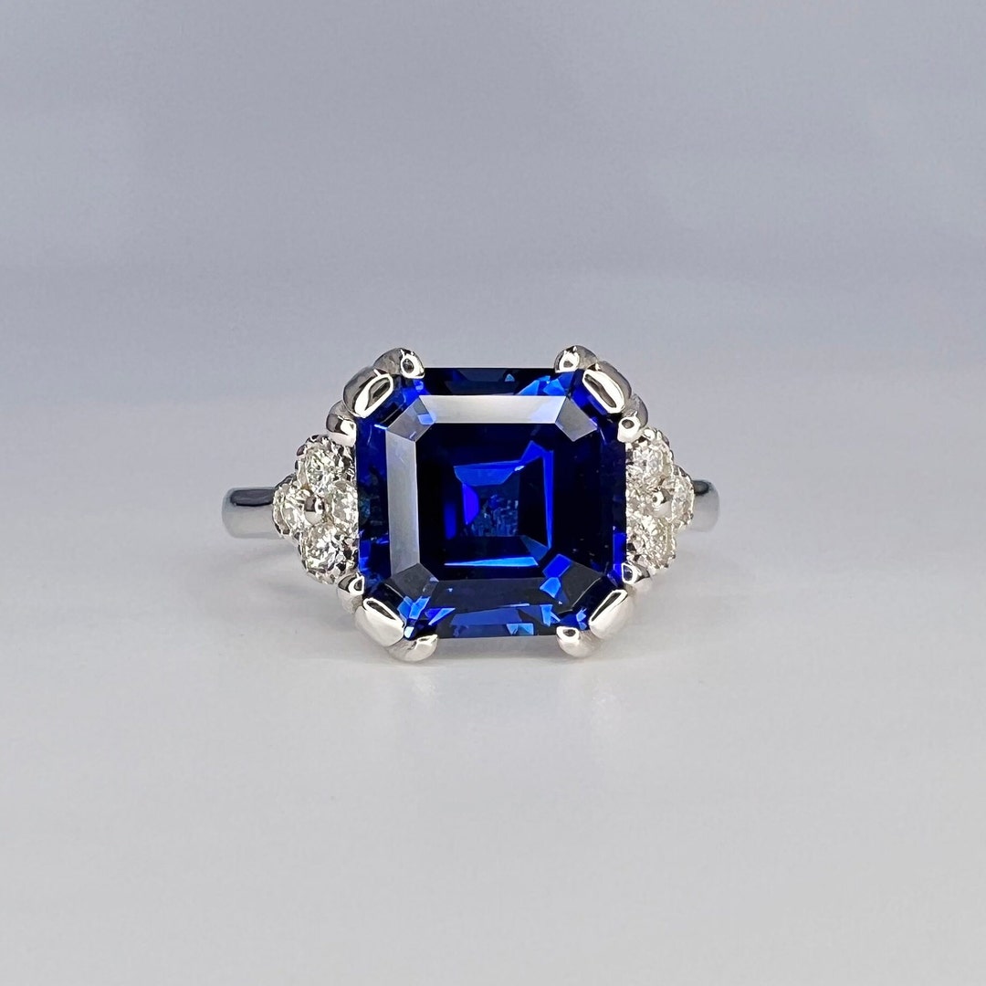 Asscher Cut Blue Sapphire Engagement Ring , 14K Solid Gold Unique ...