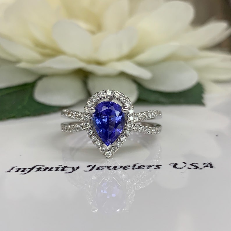 Pear Shape Tanzanite Engagement Ring / Diamond Halo Ring / 14k | Etsy