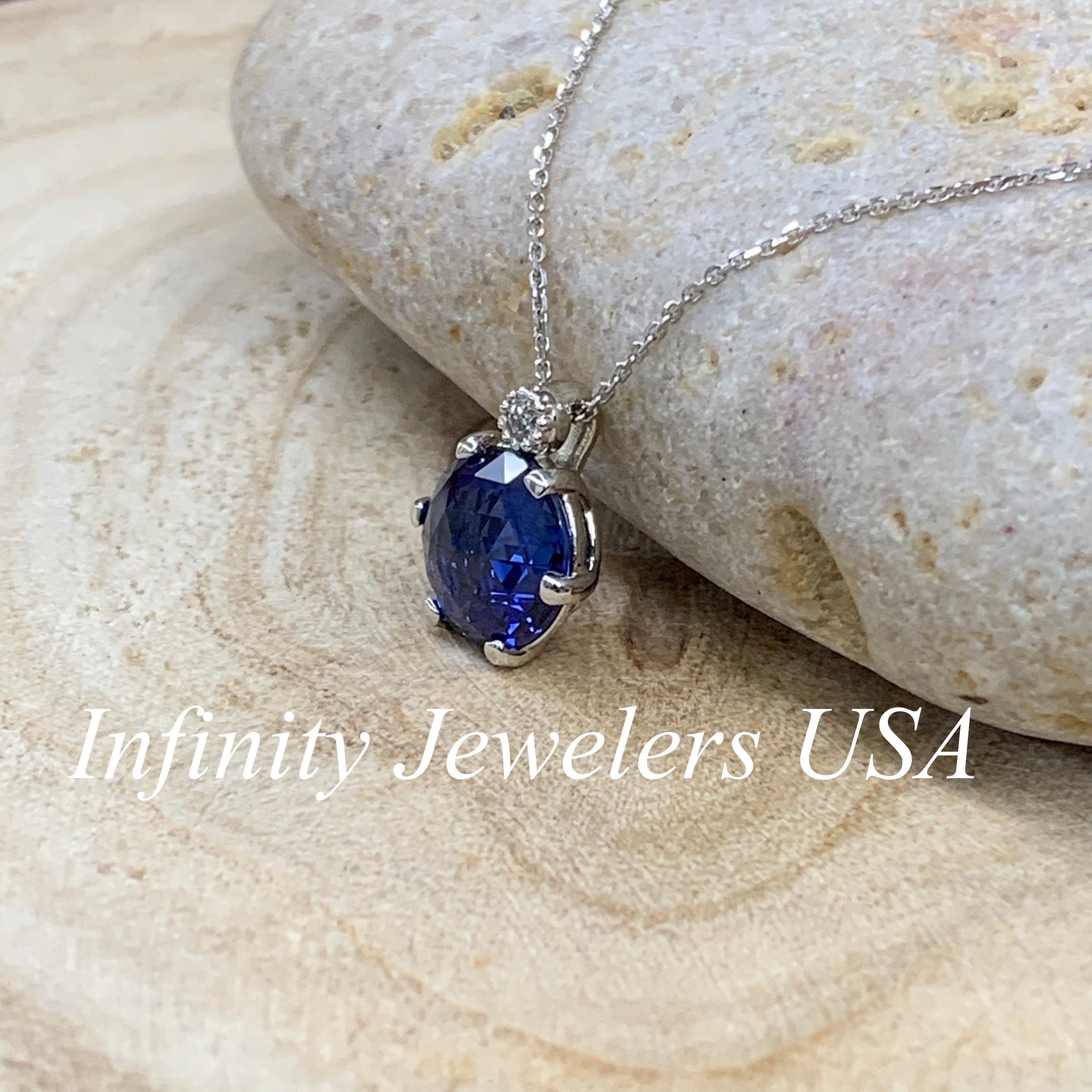 Blue Sapphire Rose Cut Necklace Sapphire And Diamond Pendant Vintage Style Pendant 14K White Gold 7027 Etsy