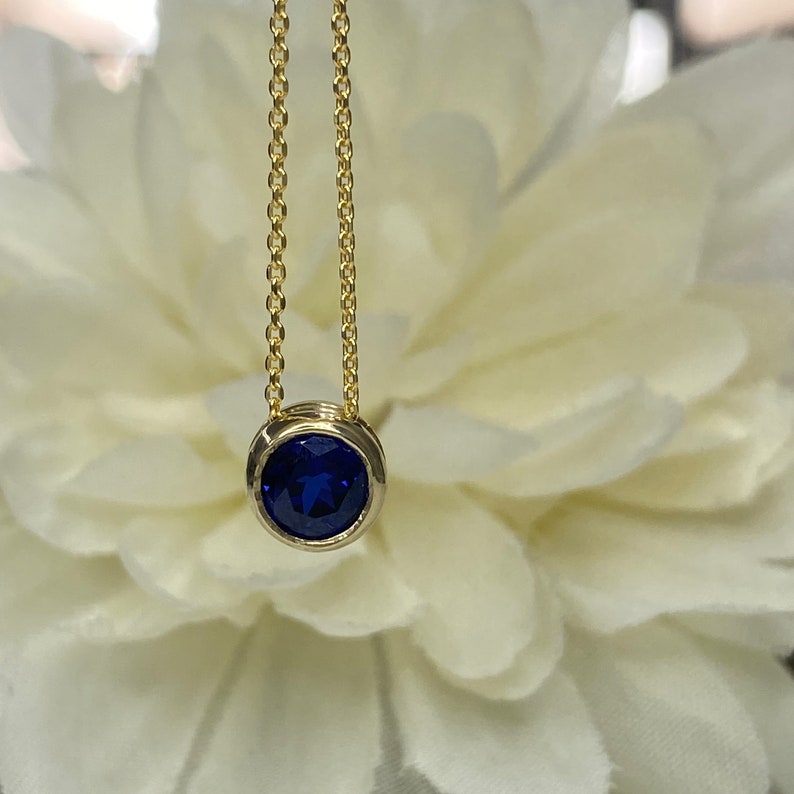 Round Blue Sapphire Floating Pendant Necklace, September Birthstone ...