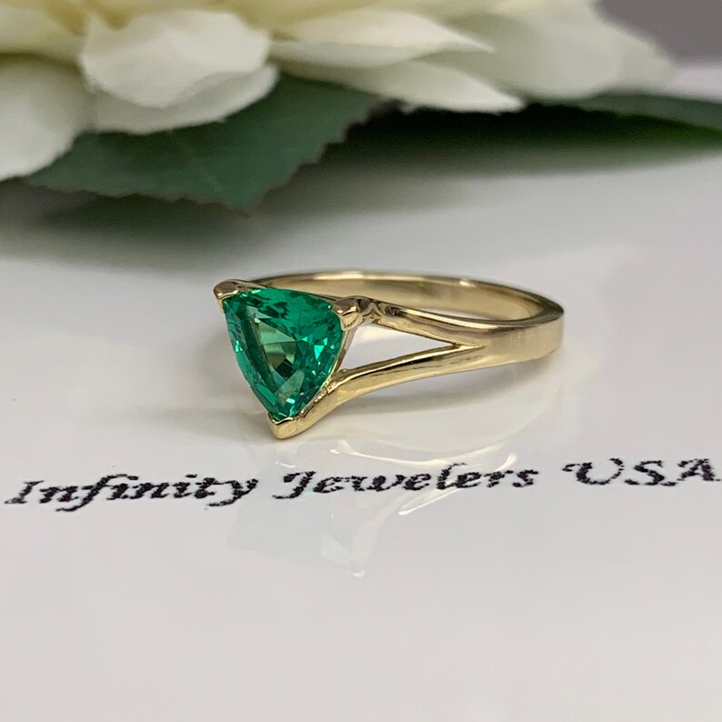 Emerald Triangle Ring 14k Yellow Gold Trillion Cut Emerald | Etsy