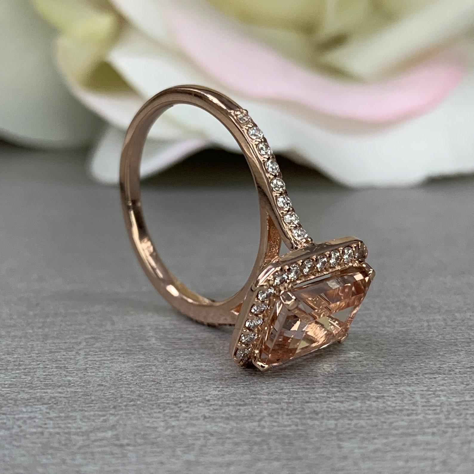 Morganite Halo Engagement Ring Emerald Cut Morganite in Rose - Etsy