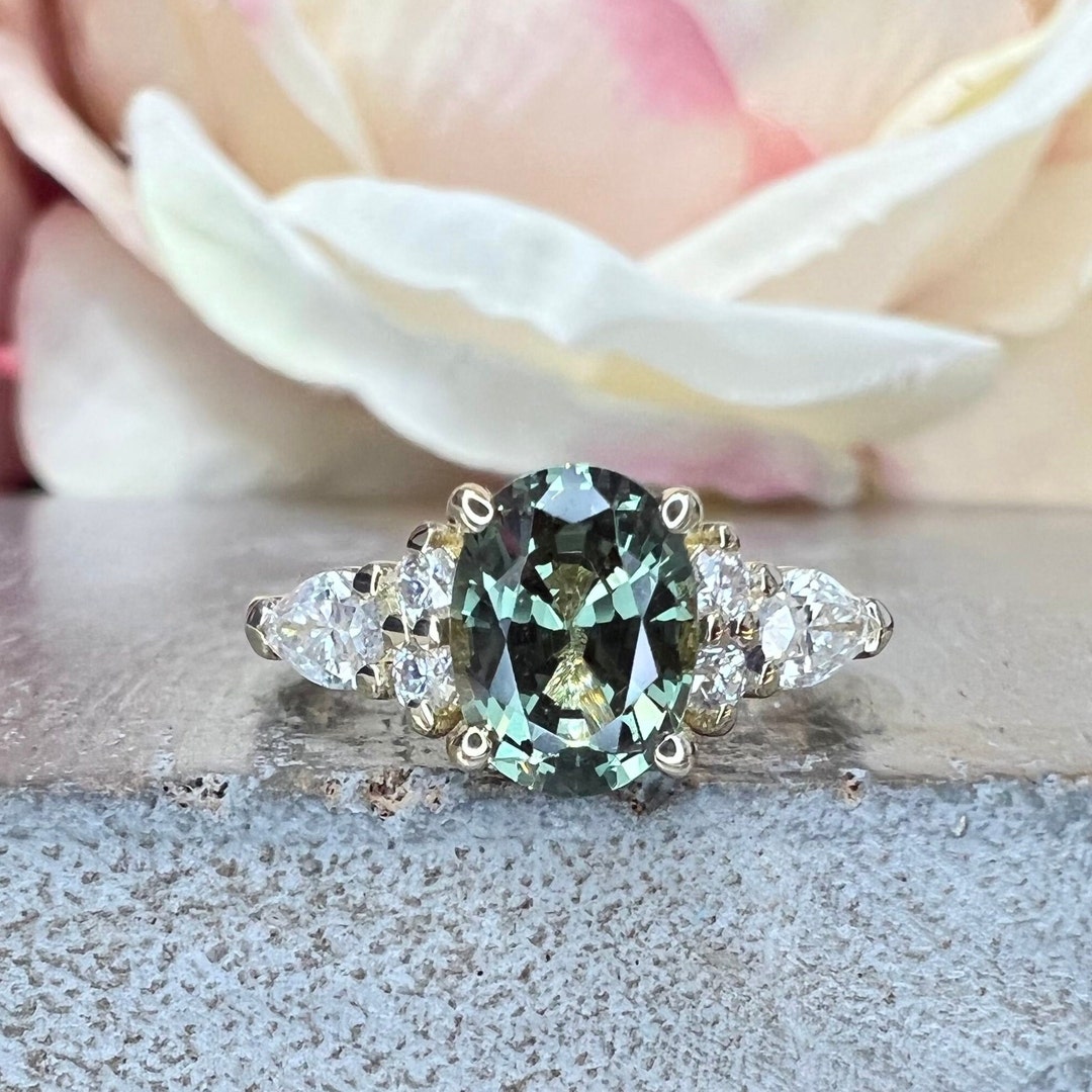 Oval Cut Olive Green Sapphire Engagement Ring 14K Solid Gold , Lab ...
