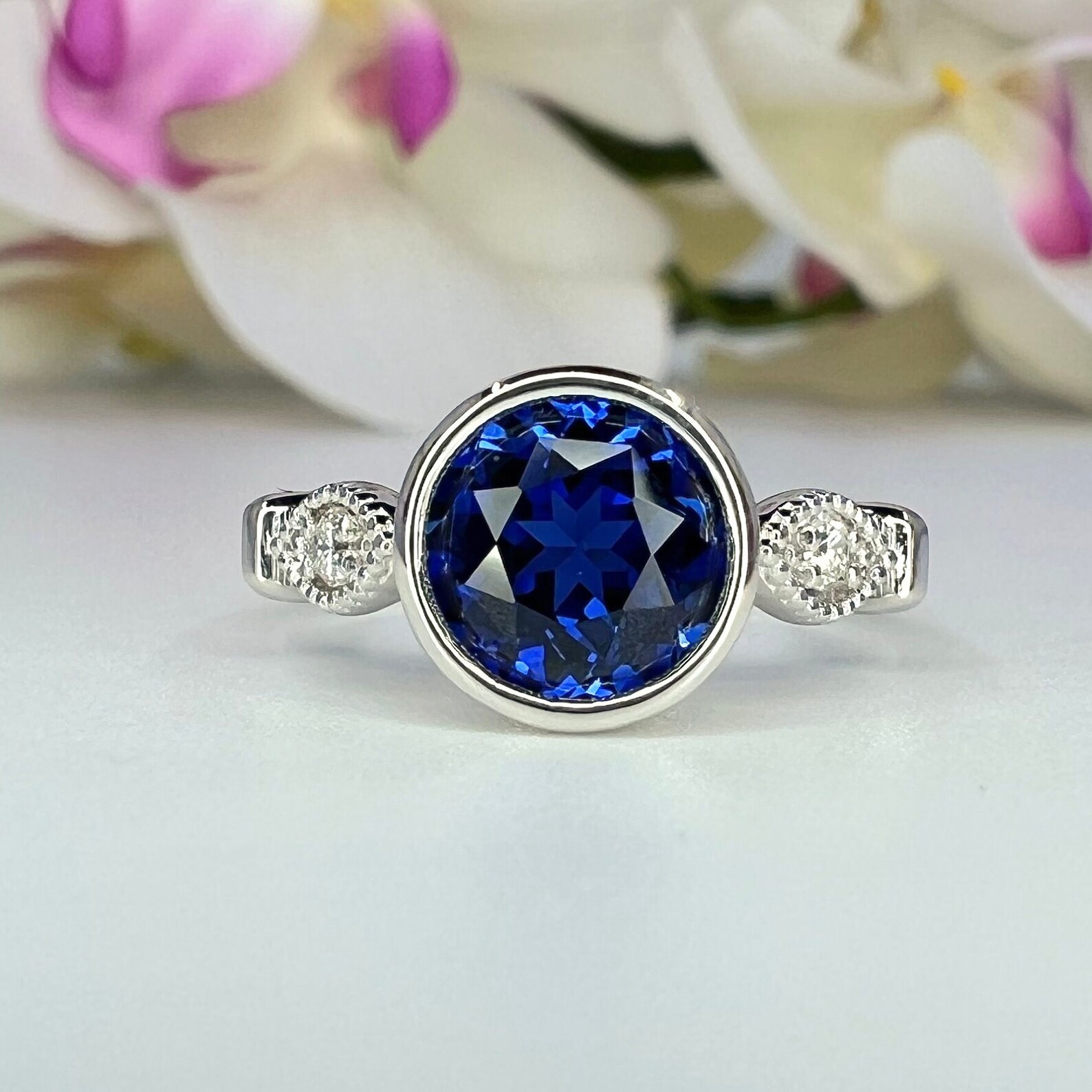 Round Blue Sapphire Engagement Ring, Round Bezel Set Ring, Ladies Ring ...