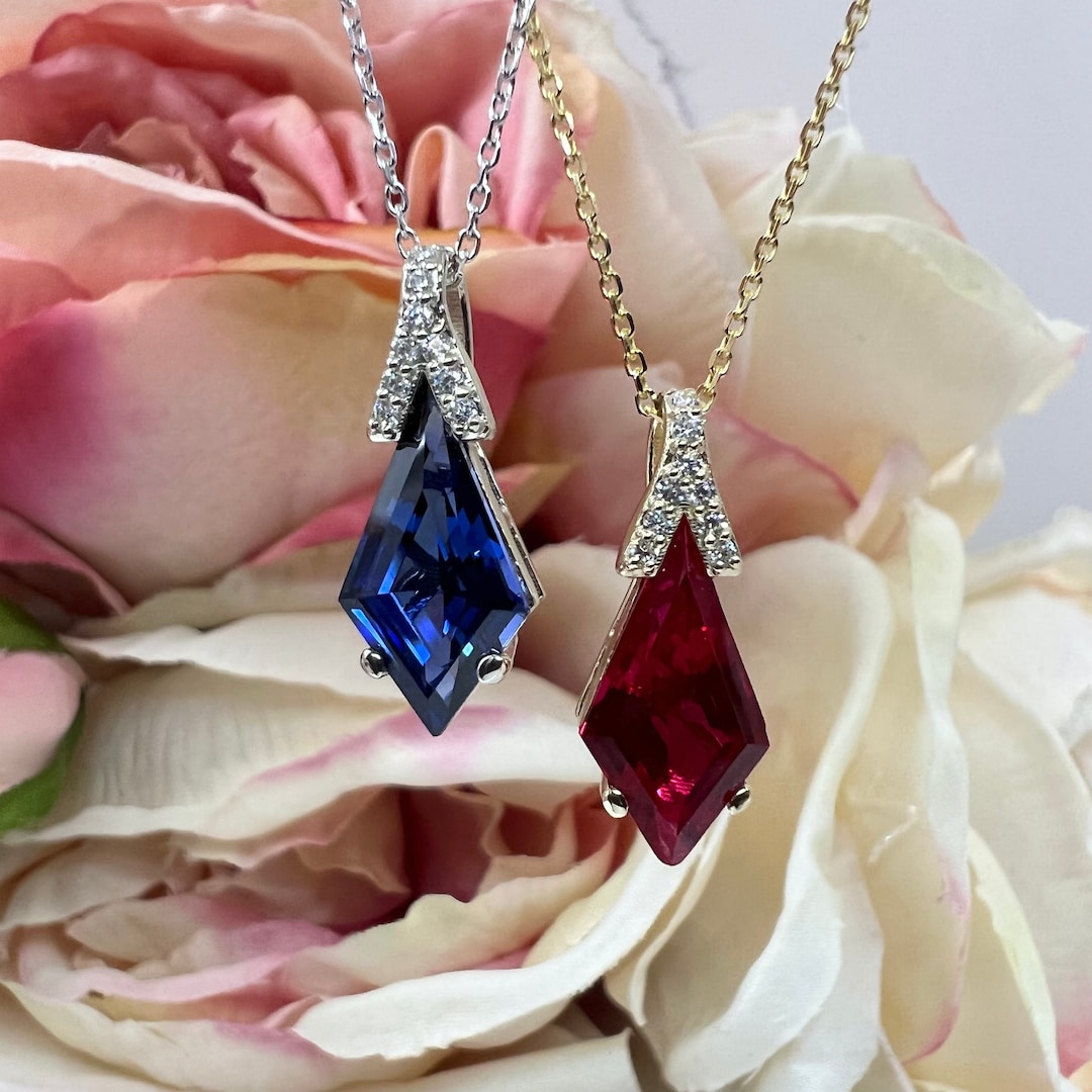 Blue Sapphire and Moissanite Kite Shape Pendant Necklace White/yellow ...