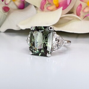 Radiant Cut Olive Green Sapphire Engagement Ring With Trillion ...