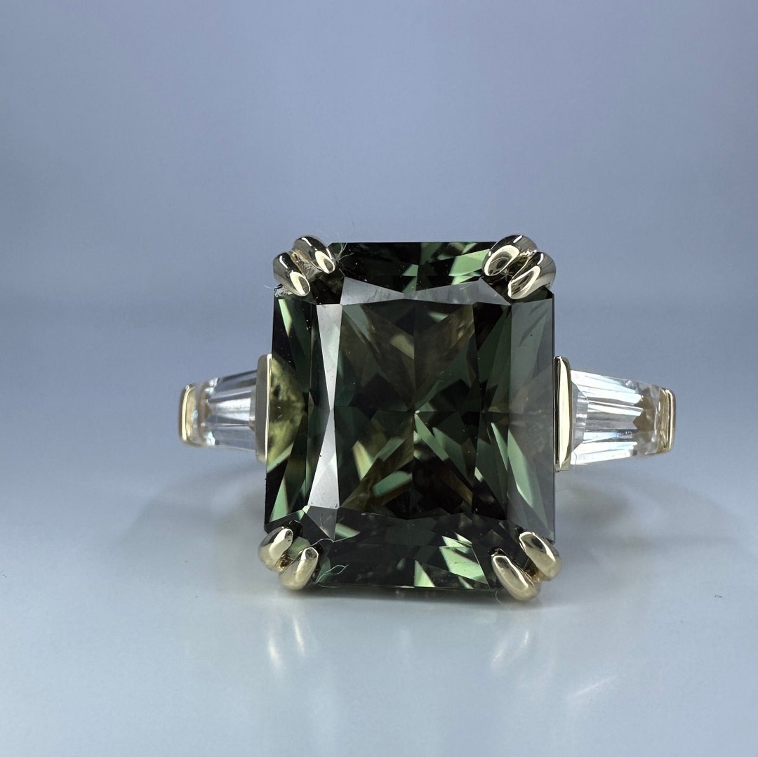 Radiant Cut Olive Green Sapphire Engagement Ring 14K White Gold Unique ...