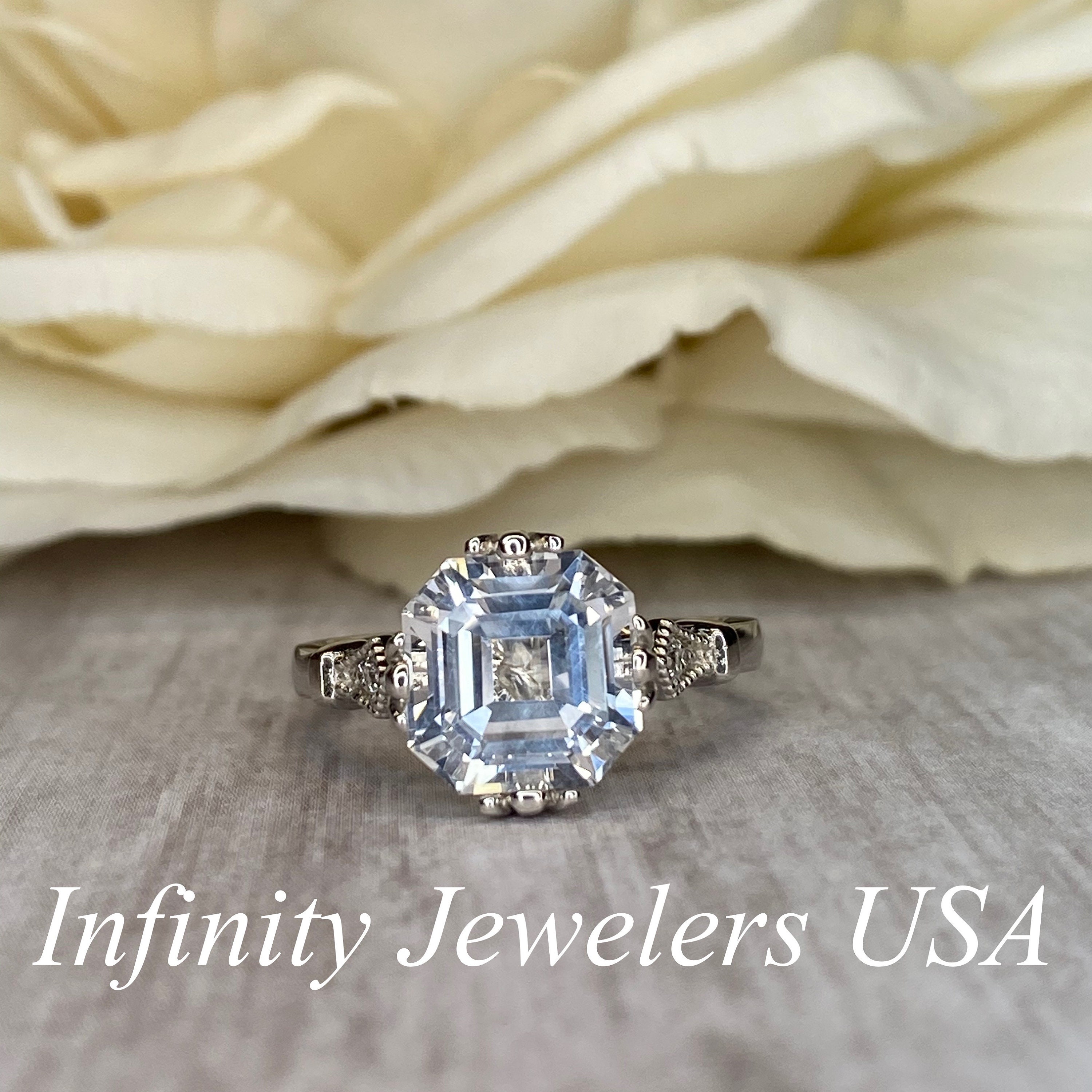 Asscher Cut Engagement Ring White Sapphire and Diamond | Etsy