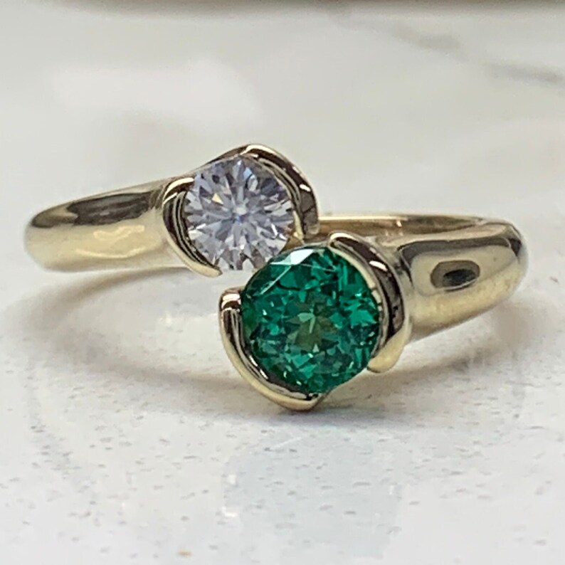 Two Stone Bypass Engagement Ring for Women 14K Solid Yellow - Etsy