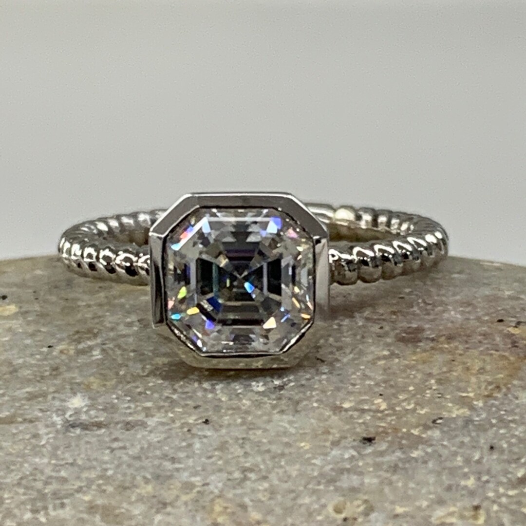 Asscher Cut Moissanite Bezel Engagement Ring, 14k White Gold Square ...