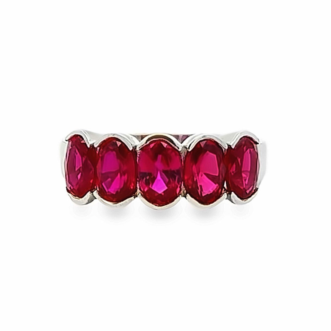 Ruby Wedding Band 14k Solid Gold, 5 Stone Oval Cut Ruby Wedding Ring, Bezel Set Ruby Eternity ...