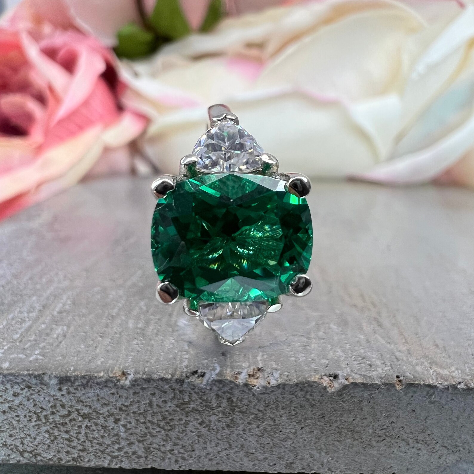 Elongated Cushion Cut Emerald Engagement Ring With White - Etsy