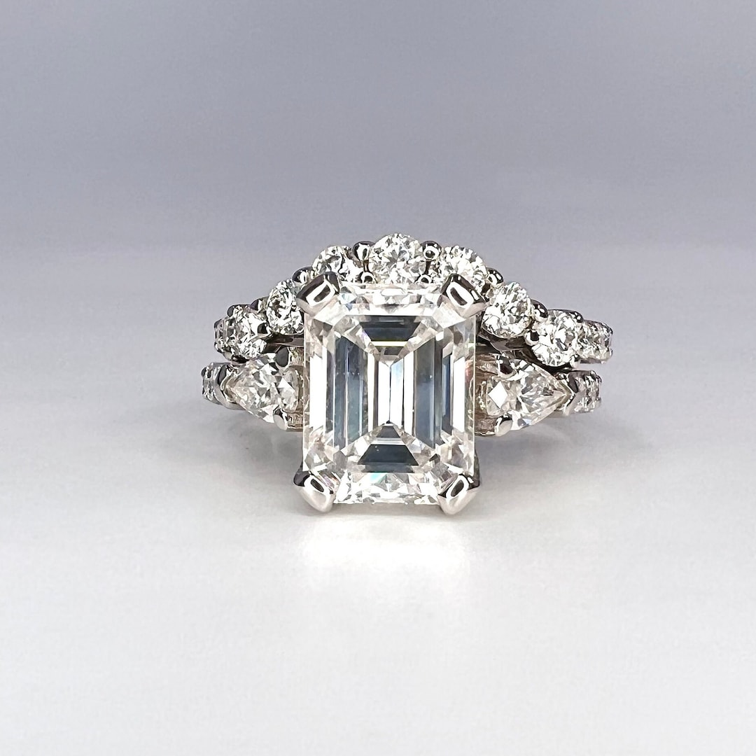 3 Carat Emerald Cut Moissanite Engagement Ring Set, Moissanite Wedding ...