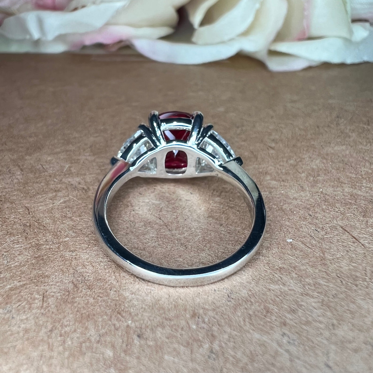 Ruby Cushion Cut and Moissanite Engagement Ring Three Stone - Etsy