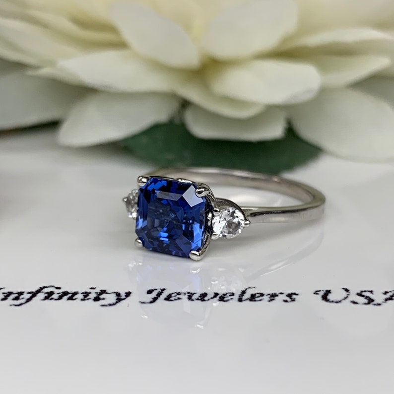 Blue sapphire asscher cut engagement ring with round white | Etsy