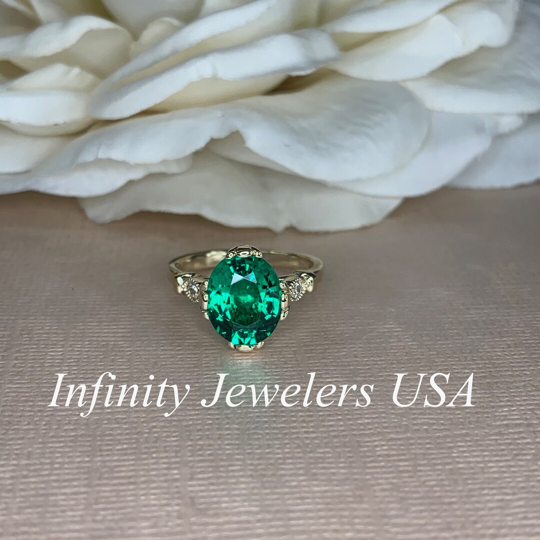 Oval Emerald Engagement Ring With Diamond Accents, Vintage Style ...