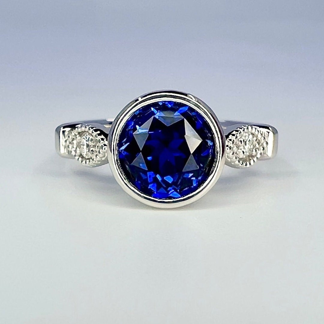 Round Blue Sapphire Engagement Ring, Round Bezel Set Ring, Ladies Ring ...