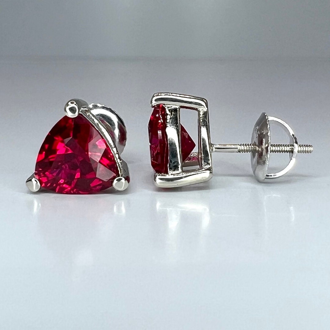 Trillion Shape Ruby Stud Earrings 14K Yellow Gold , Triangle Shape Stud ...