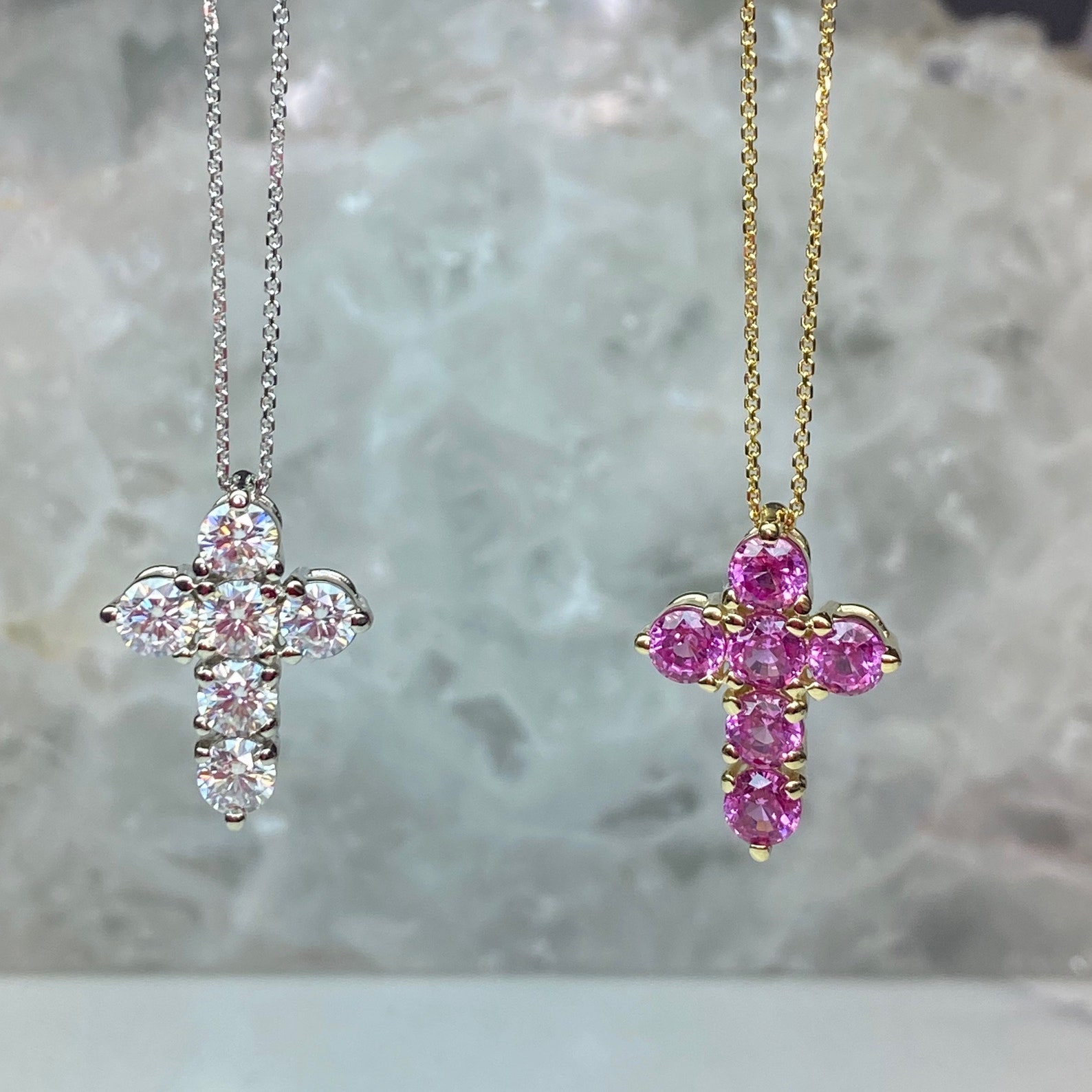 Cross Necklace, Pink Sapphire Small Cross Pendant Necklace, Dainty ...